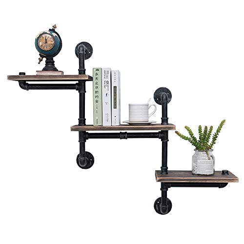 OLDRAINBOW Industrial Pipe Shelving Wall Mounted,Real Wood Book Shelves,Rustic Metal Floating Shelves,Wall Shelf Unit Bookshelf Hanging Wall Shelves,Farmhouse Kitchen Bar Shelving