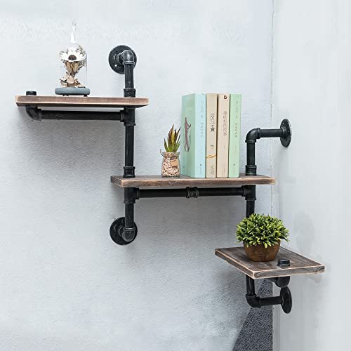 OLDRAINBOW Industrial Pipe Shelving Wall Mounted,Real Wood Book Shelves,Rustic Metal Floating Shelves,Wall Shelf Unit Bookshelf Hanging Wall Shelves,Farmhouse Kitchen Bar Shelving