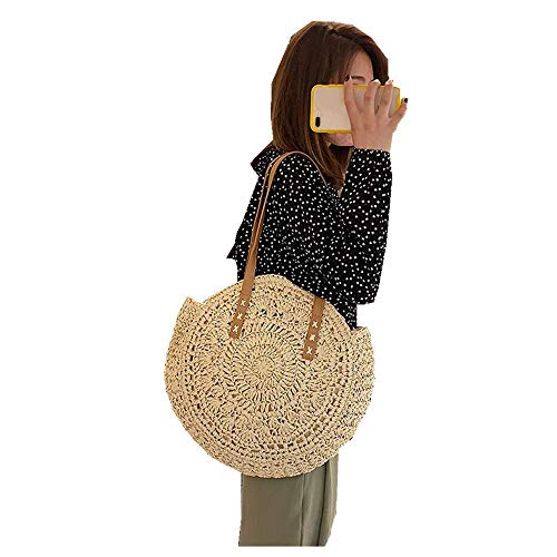 Large Bag Round Straw Beach Bag,Women Holiday Woven Tote Bag,Handle Shoulder Rattan Bag (White)