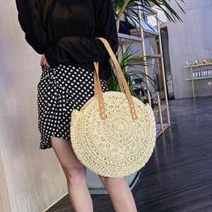 Large Bag Round Straw Beach Bag,Women Holiday Woven Tote Bag,Handle Shoulder Rattan Bag (White)