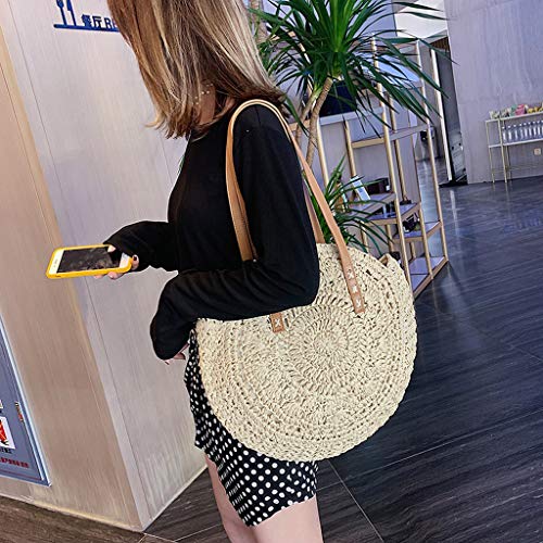 Large Bag Round Straw Beach Bag,Women Holiday Woven Tote Bag,Handle Shoulder Rattan Bag (White)