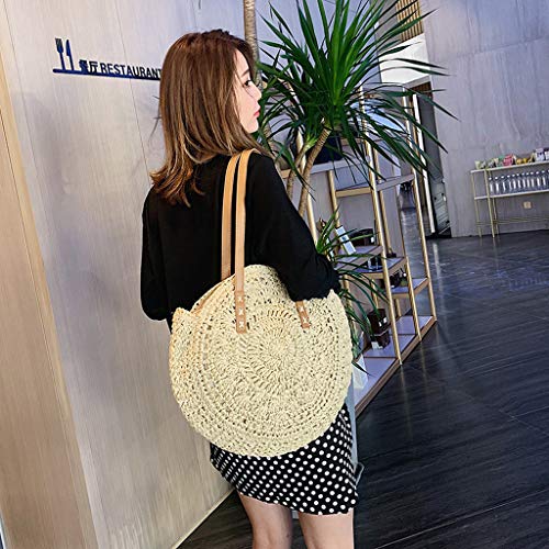 Large Bag Round Straw Beach Bag,Women Holiday Woven Tote Bag,Handle Shoulder Rattan Bag (White)