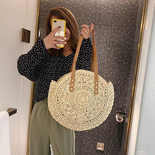 Large Bag Round Straw Beach Bag,Women Holiday Woven Tote Bag,Handle Shoulder Rattan Bag (White)