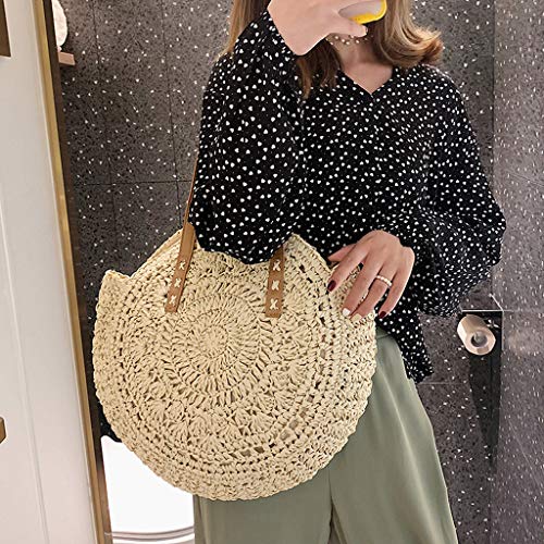 Large Bag Round Straw Beach Bag,Women Holiday Woven Tote Bag,Handle Shoulder Rattan Bag (White)