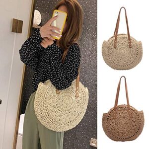 Large Bag Round Straw Beach Bag,Women Holiday Woven Tote Bag,Handle Shoulder Rattan Bag (White)