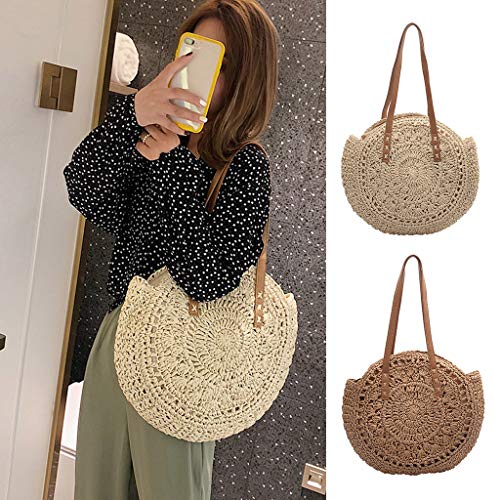 Large Bag Round Straw Beach Bag,Women Holiday Woven Tote Bag,Handle Shoulder Rattan Bag (White)