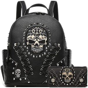 cowgirl trendy sugar skull punk art rivet stud biker purse women fashion backpack python daypack shoulder bag wallet set (black set), large