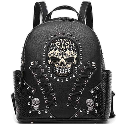 Cowgirl Trendy Sugar Skull Punk Art Rivet Stud Biker Purse Women Fashion Backpack Python Daypack Shoulder Bag Wallet Set (Black Set), Large