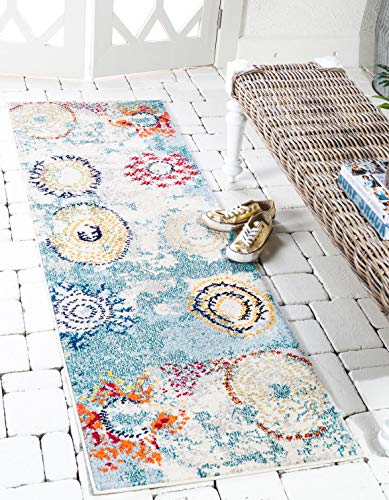 Unique Loom Estrella Collection Modern, Abstract, Colors, Distressed Area Rug, 2 ft 2 in x 6 ft 7 in, Beige/Light Blue