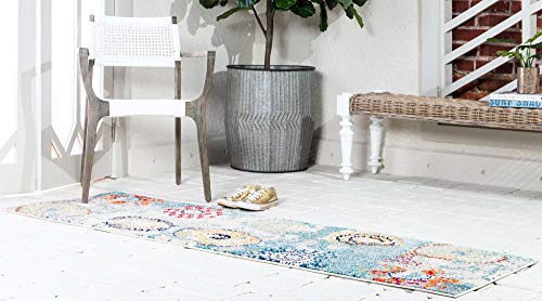 Unique Loom Estrella Collection Modern, Abstract, Colors, Distressed Area Rug, 2 ft 2 in x 6 ft 7 in, Beige/Light Blue