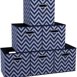 Ornavo Home Foldable Storage Bins Basket Cube Organizer With Dual Handles and Window Pocket - 6 Pack - 12" L x 12" W x 12" H - Chevron Navy