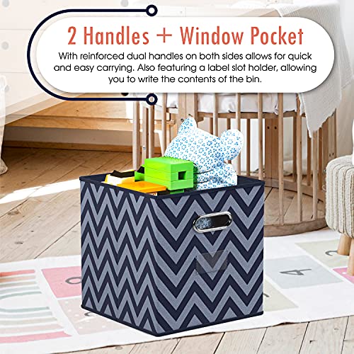 Ornavo Home Foldable Storage Bins Basket Cube Organizer With Dual Handles and Window Pocket - 6 Pack - 12" L x 12" W x 12" H - Chevron Navy