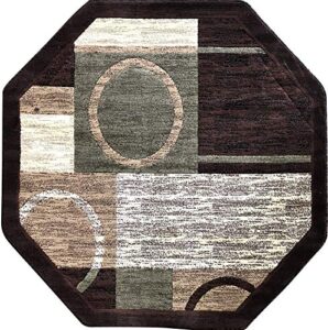 americana modern octagon contemporary geometric area rug brown & green design 1497 (4 feet x 4 feet)