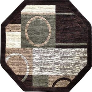 Americana Modern Octagon Contemporary Geometric Area Rug Brown & Green Design 1497 (4 Feet X 4 Feet)