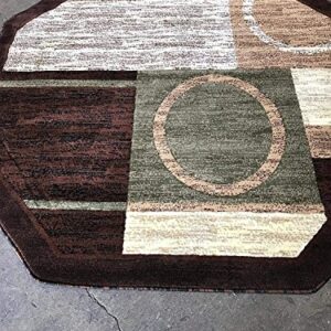 Americana Modern Octagon Contemporary Geometric Area Rug Brown & Green Design 1497 (4 Feet X 4 Feet)