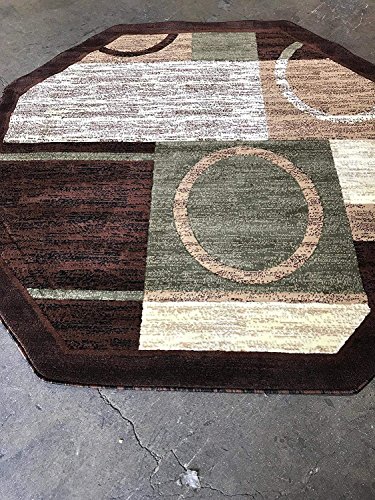 Americana Modern Octagon Contemporary Geometric Area Rug Brown & Green Design 1497 (4 Feet X 4 Feet)