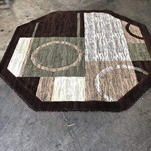 Americana Modern Octagon Contemporary Geometric Area Rug Brown & Green Design 1497 (4 Feet X 4 Feet)