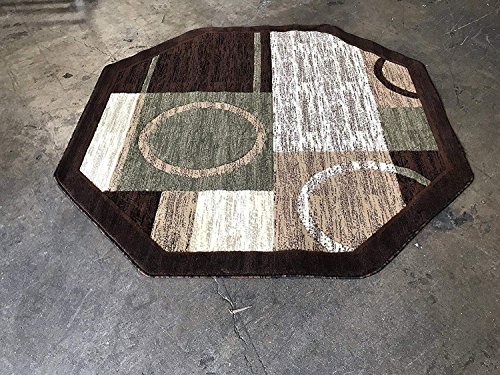 Americana Modern Octagon Contemporary Geometric Area Rug Brown & Green Design 1497 (4 Feet X 4 Feet)