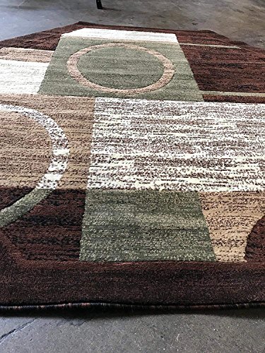 Americana Modern Octagon Contemporary Geometric Area Rug Brown & Green Design 1497 (4 Feet X 4 Feet)