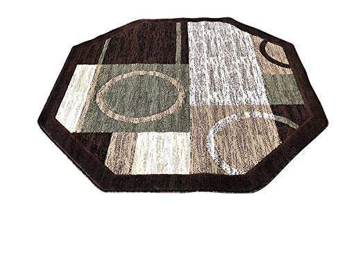 Americana Modern Octagon Contemporary Geometric Area Rug Brown & Green Design 1497 (4 Feet X 4 Feet)