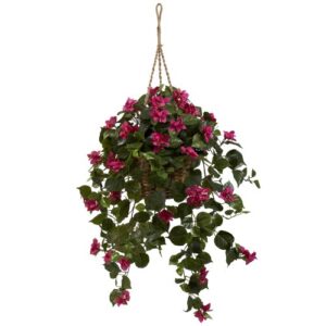 nearly natural 6734 bougainvillea silk hanging basket, green/pink