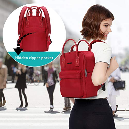 Lily & Drew Small Casual Lightweight Mini Travel Backpack Purse with Top Handles of Microfiber Leather for Women (Nylon-Red)