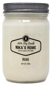 nika’s home rose soy candle 12oz mason jar non-toxic white soy candle-hand poured candle- handmade, long burning 50-60 hours highly scented all natural, clean burning large candle gift décor