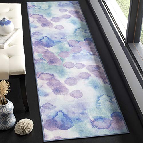 SAFAVIEH Paint Brush Collection Machine Washable Slip Resistant 2'4" x 6' Blue/Lavender PTB120C Boho Watercolor Living Room Bedroom Area Rug