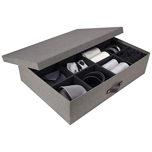 Bigso Jakob Canvas Fiberboard 12 Compartment Storage Box | Sock Organizer for Drawer with Lid and Leather Handle | Tie Storage Box for Shelves and Dresser Drawers | 17.2’’x12.2’’x4.2’’ | Grey