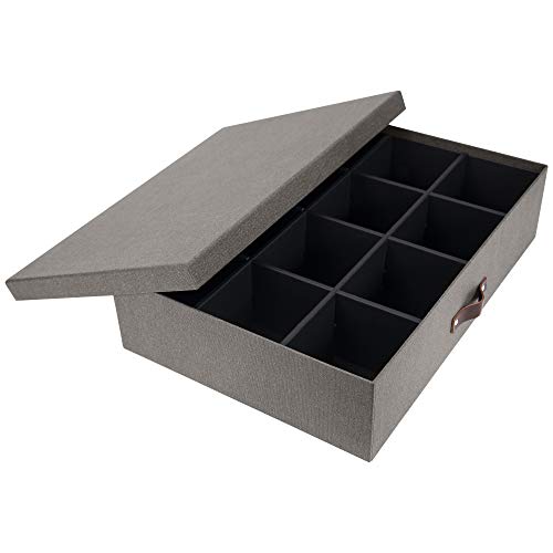 Bigso Jakob Canvas Fiberboard 12 Compartment Storage Box | Sock Organizer for Drawer with Lid and Leather Handle | Tie Storage Box for Shelves and Dresser Drawers | 17.2’’x12.2’’x4.2’’ | Grey