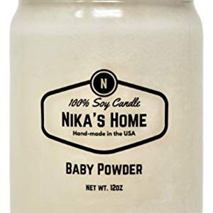 Nika's Home Baby Powder Soy Candle 12oz Mason Jar Non-Toxic White Soy Candle-Hand Poured Handmade, Long Burning 50-60 Hours Highly Scented All Natural, Clean Burning Large Candle Gift Décor