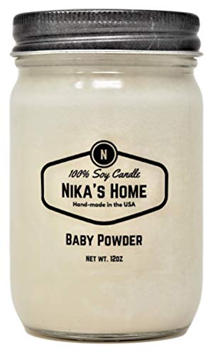 Nika's Home Baby Powder Soy Candle 12oz Mason Jar Non-Toxic White Soy Candle-Hand Poured Handmade, Long Burning 50-60 Hours Highly Scented All Natural, Clean Burning Large Candle Gift Décor