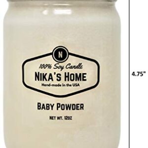 Nika's Home Baby Powder Soy Candle 12oz Mason Jar Non-Toxic White Soy Candle-Hand Poured Handmade, Long Burning 50-60 Hours Highly Scented All Natural, Clean Burning Large Candle Gift Décor