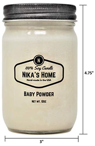 Nika's Home Baby Powder Soy Candle 12oz Mason Jar Non-Toxic White Soy Candle-Hand Poured Handmade, Long Burning 50-60 Hours Highly Scented All Natural, Clean Burning Large Candle Gift Décor