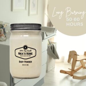 Nika's Home Baby Powder Soy Candle 12oz Mason Jar Non-Toxic White Soy Candle-Hand Poured Handmade, Long Burning 50-60 Hours Highly Scented All Natural, Clean Burning Large Candle Gift Décor