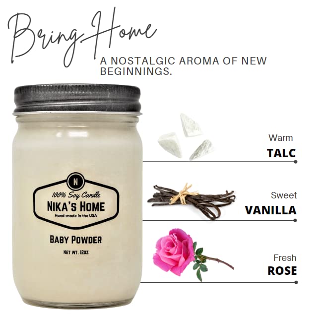 Nika's Home Baby Powder Soy Candle 12oz Mason Jar Non-Toxic White Soy Candle-Hand Poured Handmade, Long Burning 50-60 Hours Highly Scented All Natural, Clean Burning Large Candle Gift Décor