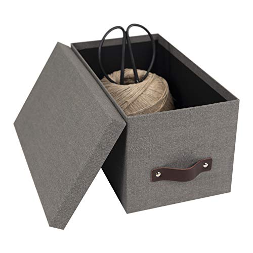 Bigso Silvia Organizational Storage Box | Photo Storage Box with Leather Handle for Shelves and Stacks Easily | Durable and Decorative Storage Boxes with Lids | 5.9″ x 6.5″ x 11.6″ | Gray