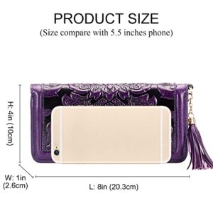 PIJUSHI Leather Wallets For Women Floral Wristlet Wallet Card Holder Purse (91853 Purple)