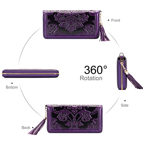 PIJUSHI Leather Wallets For Women Floral Wristlet Wallet Card Holder Purse (91853 Purple)