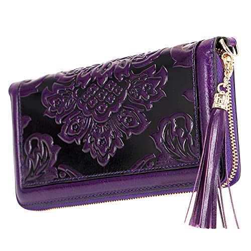 PIJUSHI Leather Wallets For Women Floral Wristlet Wallet Card Holder Purse (91853 Purple)