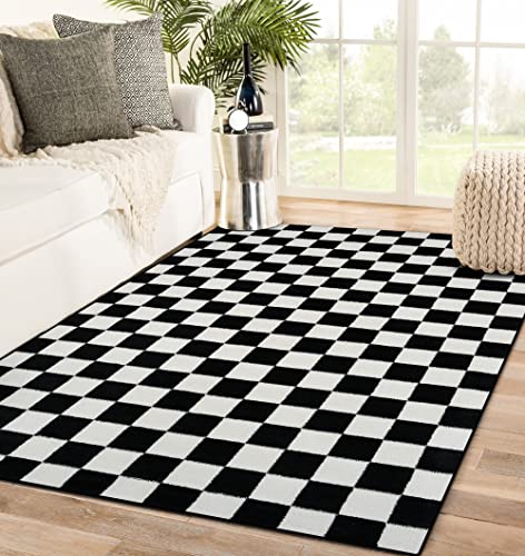 Persian Area Rugs Black 5x7 1909 Checkered White Area Rug Carpet, 5 ft x 7 ft (1909 Black 5x7)