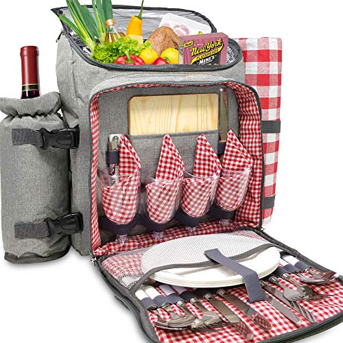 Nature Gear Picnic Backpack for 4 - Picnic Kit - 4 Person Insulated Picnic Set and Wine Backpack with Picnic Plates, Utensils, Cutlery, Waterproof Blanket, Cooler, and More - XL Classic Red