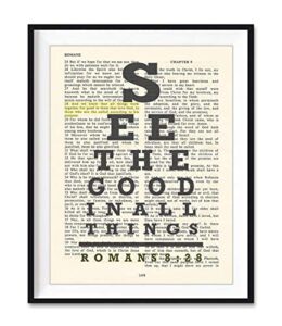 see the good in all things, all things work for good, romans 8:28 eye chart christian unframed art print, vintage bible verse scripture wall and home decor poster, inspirational gift, 8×10 inches