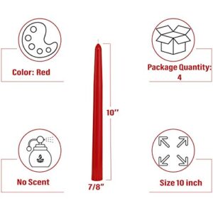 CandleNScent Taper Candles | Tapered Candlesticks - dripless 10 Inch unscented | Red | 4 Pack