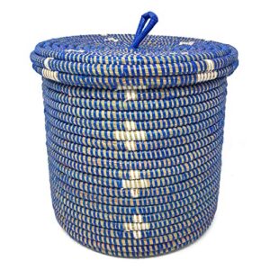 african fair trade handwoven 10-inch lidded basket, blue with white blossoms