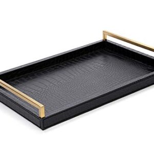 WV Serving Tray Faux Black Crocodile Leather with Brushed Gold Stainless Steel Handle (Black and Gold)