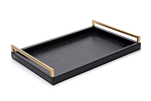 WV Serving Tray Faux Black Crocodile Leather with Brushed Gold Stainless Steel Handle (Black and Gold)