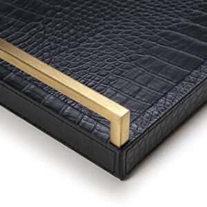 WV Serving Tray Faux Black Crocodile Leather with Brushed Gold Stainless Steel Handle (Black and Gold)