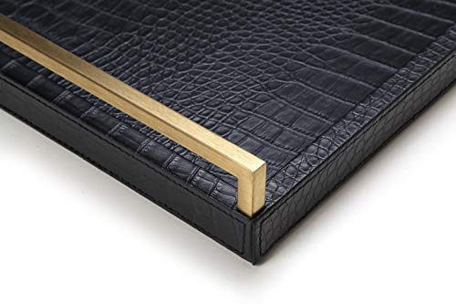 WV Serving Tray Faux Black Crocodile Leather with Brushed Gold Stainless Steel Handle (Black and Gold)