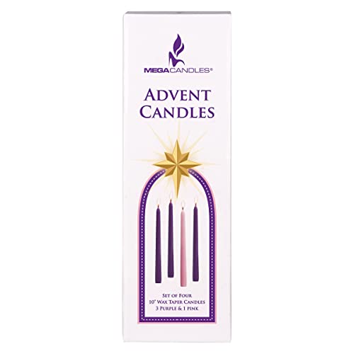 Mega Candles 4 pcs Unscented Christmas Advent Taper Candle, Hand Poured Wax Candles 10 Inch x 7/8 Inch, Holidays, Church, Devotional, Celebration, Party & More